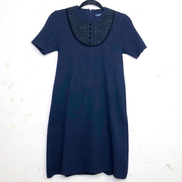 Zara | Dresses | Zara Knit Navy Blue Shift Dress With Lace Bodice ...